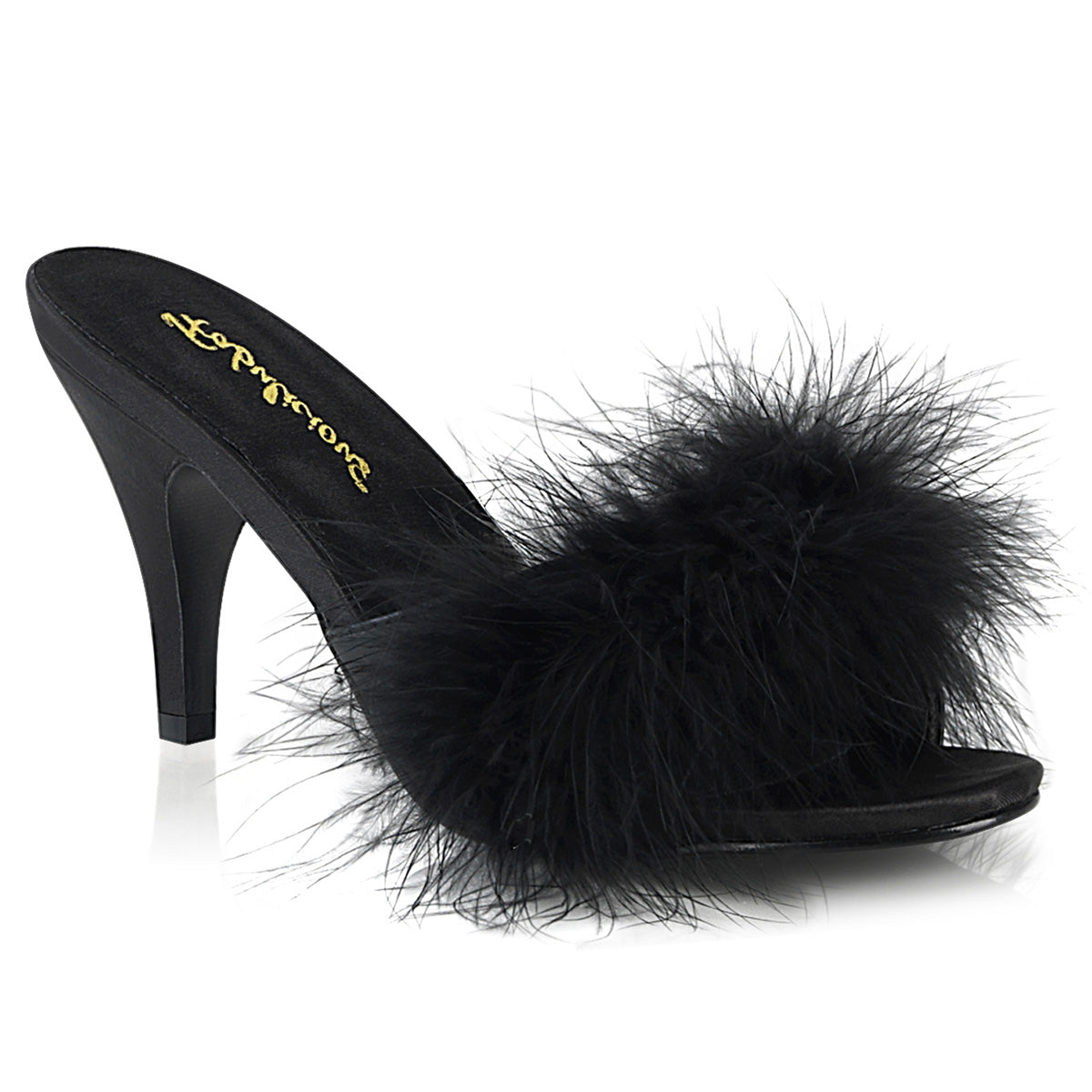 3 Heel Black Sexy Slippers With Plush Feathers Amour 03