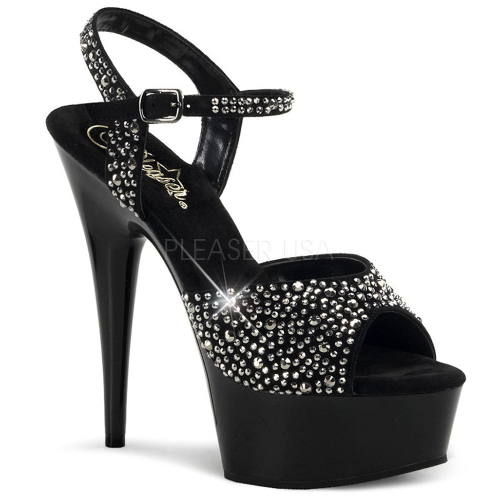 PLEASER DELIGHT-609RS Black Suede-Pewter Rhinestone- Black Ankle Strap ...